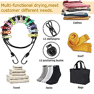 Portable Travel Clothesline with 12pcs Colorful Clothespins, Outdoors Windproof Stretchy Elastic Camping Laundry Clothes Line for Backyard, Vacation Hotel, Balcony Clothes Drying Line