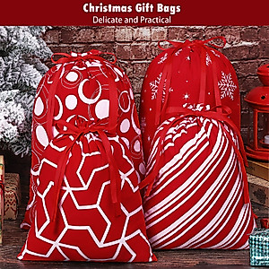 Aneco 5 Pieces Red and White Christmas Bags Xmas Cotton Fabric Drawstring Bags with 24 Pieces Kraft Paper Tags for Storing Christmas Gifts Parties, 5 Styles, 2 Sizes