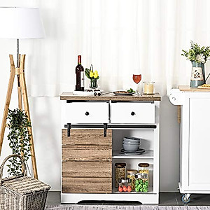 HOMCOM Farmhouse Coffee Bar Cabinet, Barn Door Wine Cabinet with Storage, Sideboard Buffet Cabinet with Wine Racks for Kitchen, White