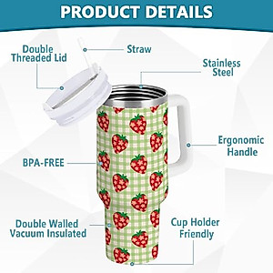 Green Gingham Strawberry Daisy Tumbler with Handle and Straw Lid, 30 oz Insulated Coffee Cup Stainless Steel Water Bottle Travel Mug Cupholder Friendly,Gifts for Women Men