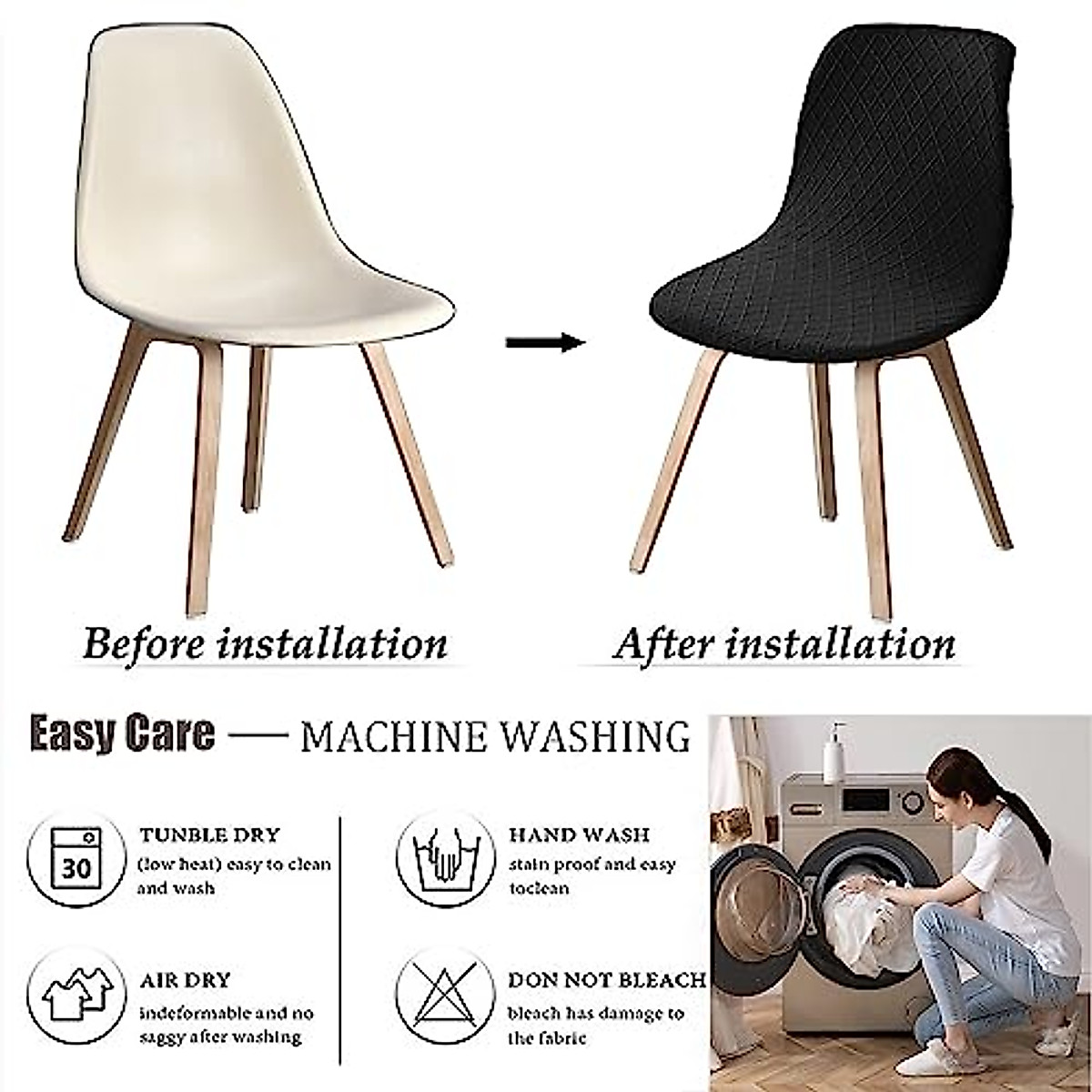 KCCRHIN Waterproof Shell Chair Covers Set of 1/2/4/6 Mid Century Modern Style Chair Cover Leisure Bar Seat Cover Washable Removable Chair Protector for Bar Kitchen Hotel Dinning Room,Black 1pcs