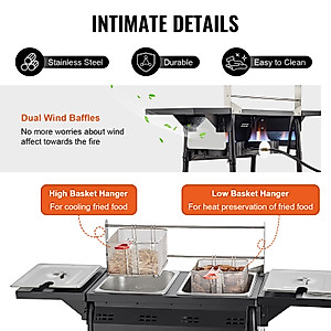 VEVOR Outdoor Propane Deep Fryer, Double Burners Commercial Fryer, 16 Qt Stainless Steel Cooker with Removable Baskets & Lids & Tanks, Oil Fryer Cart with Thermometer & Regulator, For Outdoor Cooking