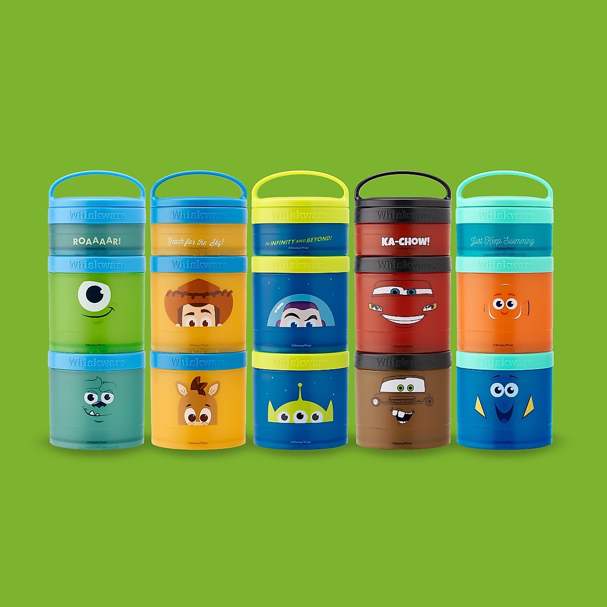 Whiskware Disney Pixar Stackable Snack Containers for Kids and Toddlers, 3 Stackable Snack Cups for School and Travel, Finding Nemo with Nemo and Dory