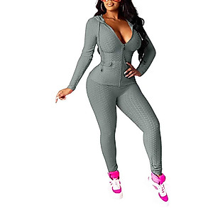 Fitness Exercise Workout Legging Clothes - Long Sleeve Zip Up Fitted Hoodies Top Long Skinny Pants Tracksuit Jogging Suits Grey S