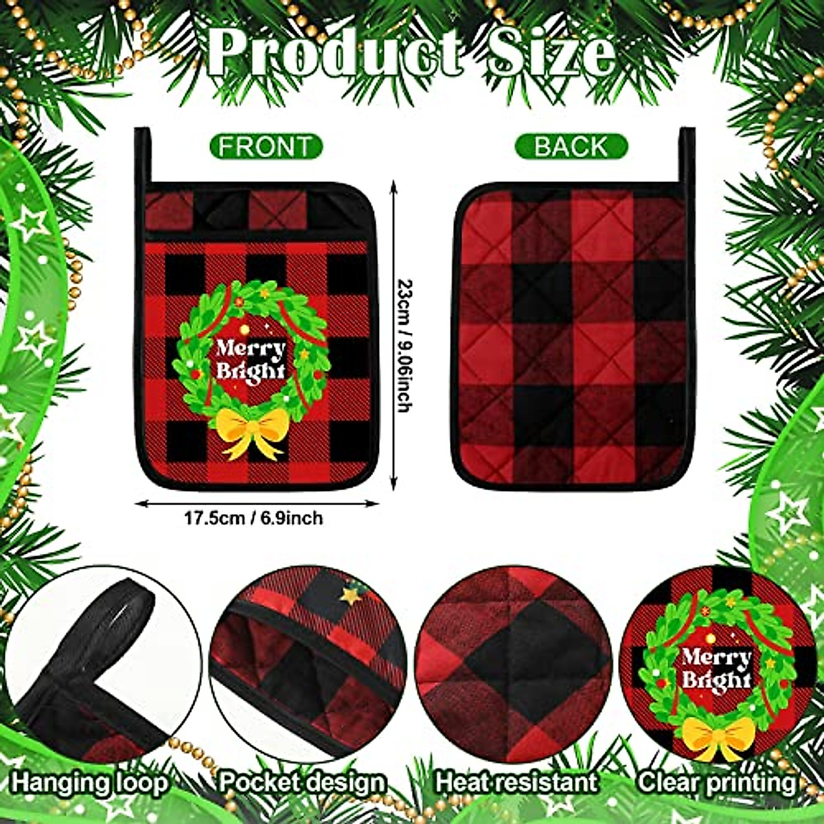 6 Pcs Red and Black Buffalo Plaid Pot Holders Heat Resistant Christmas Potholders with Pocket Reusable Oven Mitts Christmas Hot Pads for Kitchen Decoration Cooking Baking BBQ (Snowman)