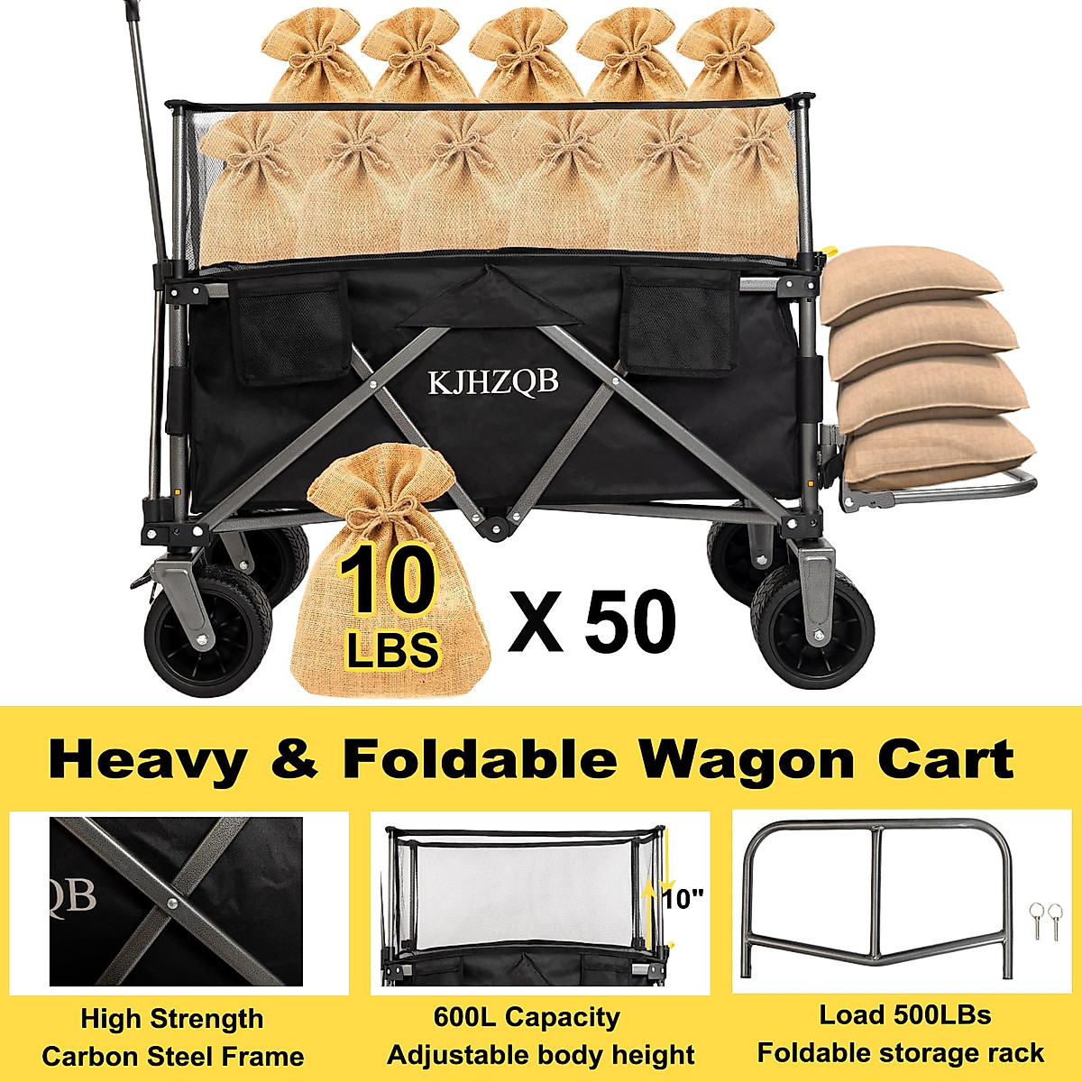 Foldable Wagon Cart with Wheels, Collapsible Foldable Extended Wagon with 500lbs Weight Capacity, 600L Heavy Duty Folding Utility Garden Cart, Big All-Terrain Beach Wheels and 4 Side Pockets
