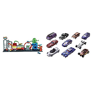 Hot Wheels City Ultimate Octo Car Wash Playset with No-Spill Water Tanks & 1 Color Reveal Car That Transforms with Water & Up & Set of 10 1:64 Scale Toy Trucks and Cars for Kids and Collectors