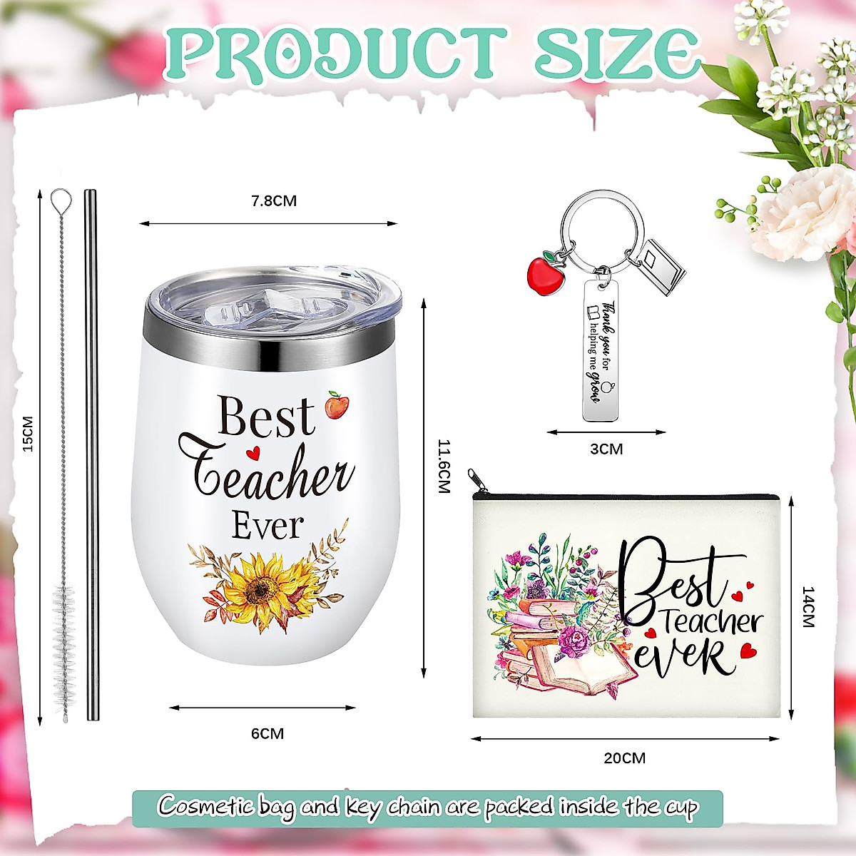 12 Pcs Teacher Appreciation Gifts Set Insulated Teacher Coffee Tumbler Wine Coffee Mug Makeup Bag Cosmetic Bag Teacher Keychains Thank You Teacher Gifts for Women Teachers (Rectangle Keychain)