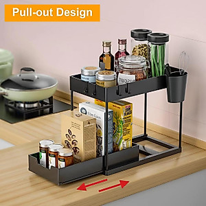 GORLDE Under Sink Organizers and Storage,2 Tier undersink organizers with Pull Out Sliding Drawers,Multi-purpose Bathroom Kitchen Under Cabinet Organizer with Hooks Hanging Cup,Black
