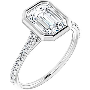 Moissanite World 2.0 CT Emerald Cut, Colorless Moissanite Engagement Ring, Wedding/Bridal Ring Set, Solitaire Halo Style, Solid Sterling Silver Vintage Anniversary Promise Rings (6)