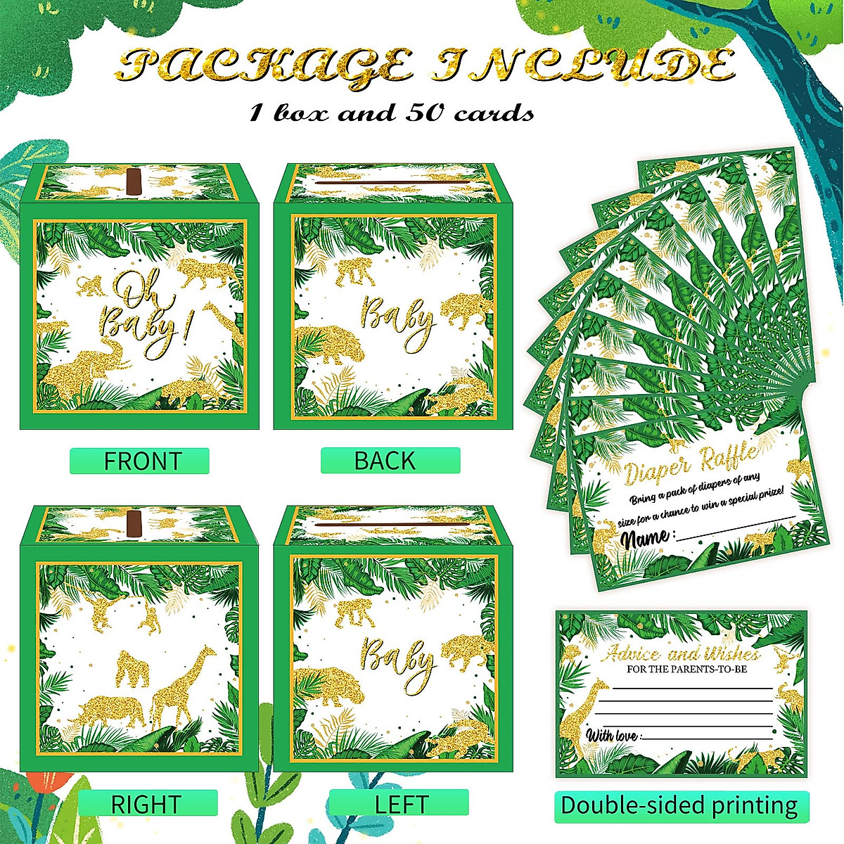51 Pieces Gold Safari Baby Shower Diaper Raffle Tickets with Baby Shower Card Holder Box and Advice Cards Game Kit for Gold Safari Jungle Zoo Animals Themed Baby Shower Party Decorations Supplies