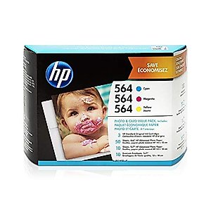 HP 564 | 3 Ink Cartridges with Assorted Photo Paper | Cyan, Magenta, Yellow | Works with HP DeskJet 3500 Series, HP OfficeJet 4600 5500 C6300 6500 7500 Series, B8550, D7560, C510, B209, B210, C309, C310, C410, C510 | CB318WN, CB319WN, CB320WN