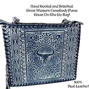 Urbalabs Western Crossbody Purse Large Handbag Genuine Leather Longhorn Cow Skull Tooled Tote Bag Hand Stitched (Blue)