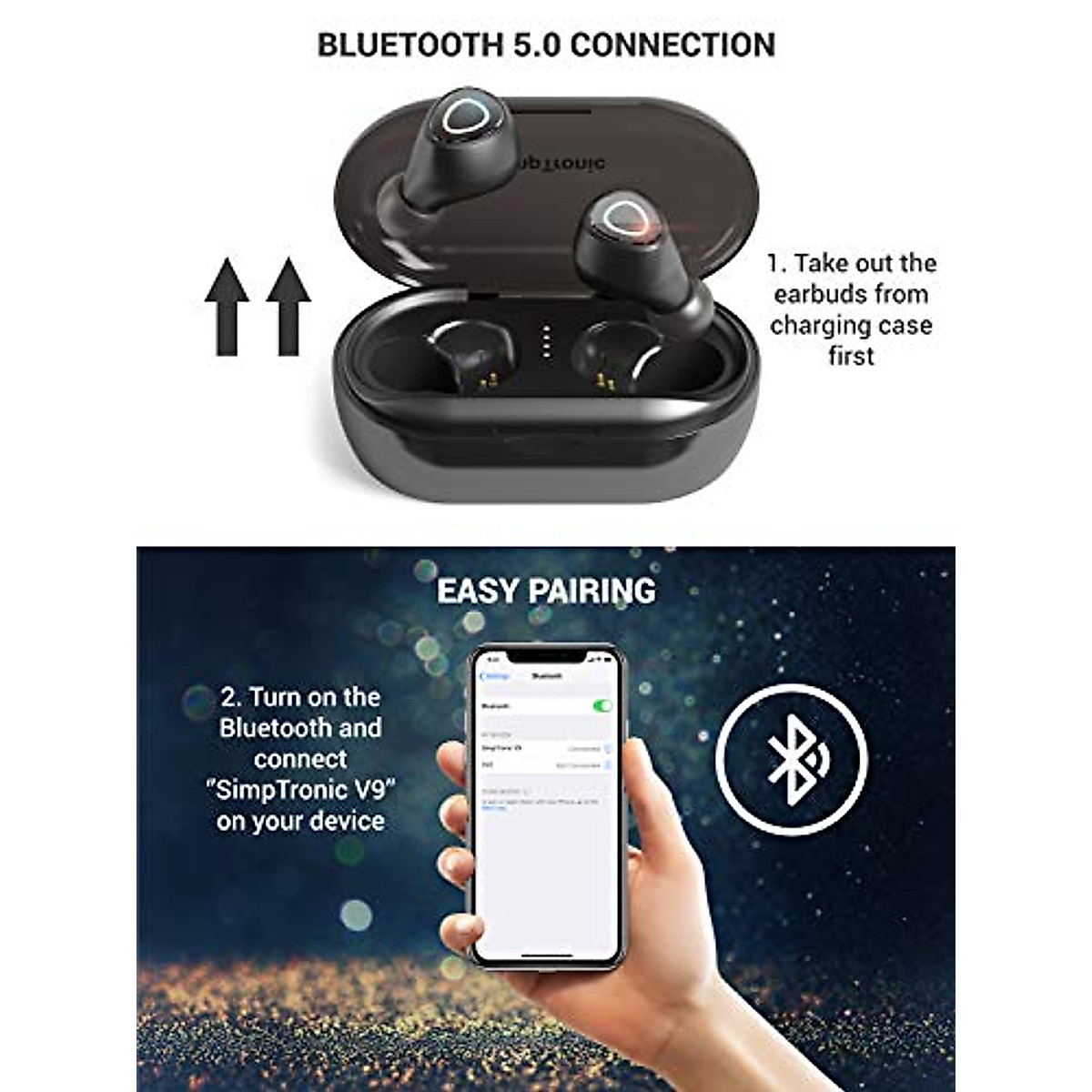 SimpTronic Tech True Wireless Earbuds Bluetooth 5.0 Headphones in-Ear TWS Mini Headset for Sport Extra Bass Stereo Earphones HD Sound IPX7 Waterproof Noise Cancelling Mic 44-50 Hours Playtime Black