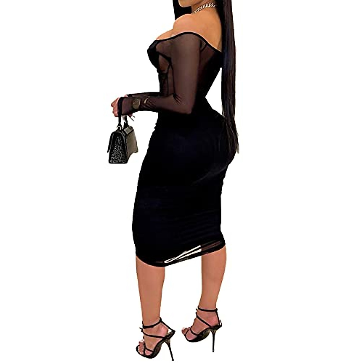 Uni Clau Women Sexy V Neck Mesh Patchwork Bodycon Dress Off Shouler See Through Long Sleeve Bodycon Dress Midi Party Club Dress Black L