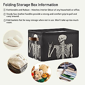 Human Skeleton Skull Storage Basket Bins, Funny Gothic Halloween Decorative Baskets Storage Box Collapsible Storage Cubes Organizer with Handles for Nursery Shelf Closet Office Home Bedroom, 2 Pack