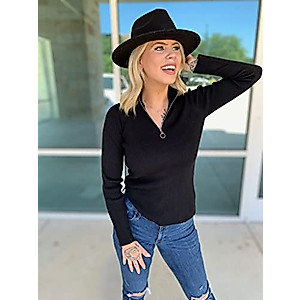 PRETTYGARDEN Fall Quarter Zip Pullover Sweaters for Women 2023 Long Sleeve Collared Fitted Ribbed Knit Tops (Black, Large)