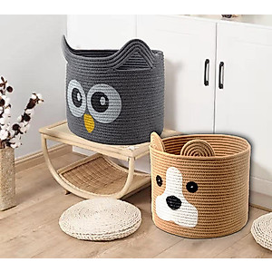 Ushang Pet Woven Cotton Animal Storage Basket for Kids, Owl Rope Storage Basket for Baby Toys, Baby Laundry Basket, Pet Toy Storage Basket - 12" L X 10" H, Dark Grey
