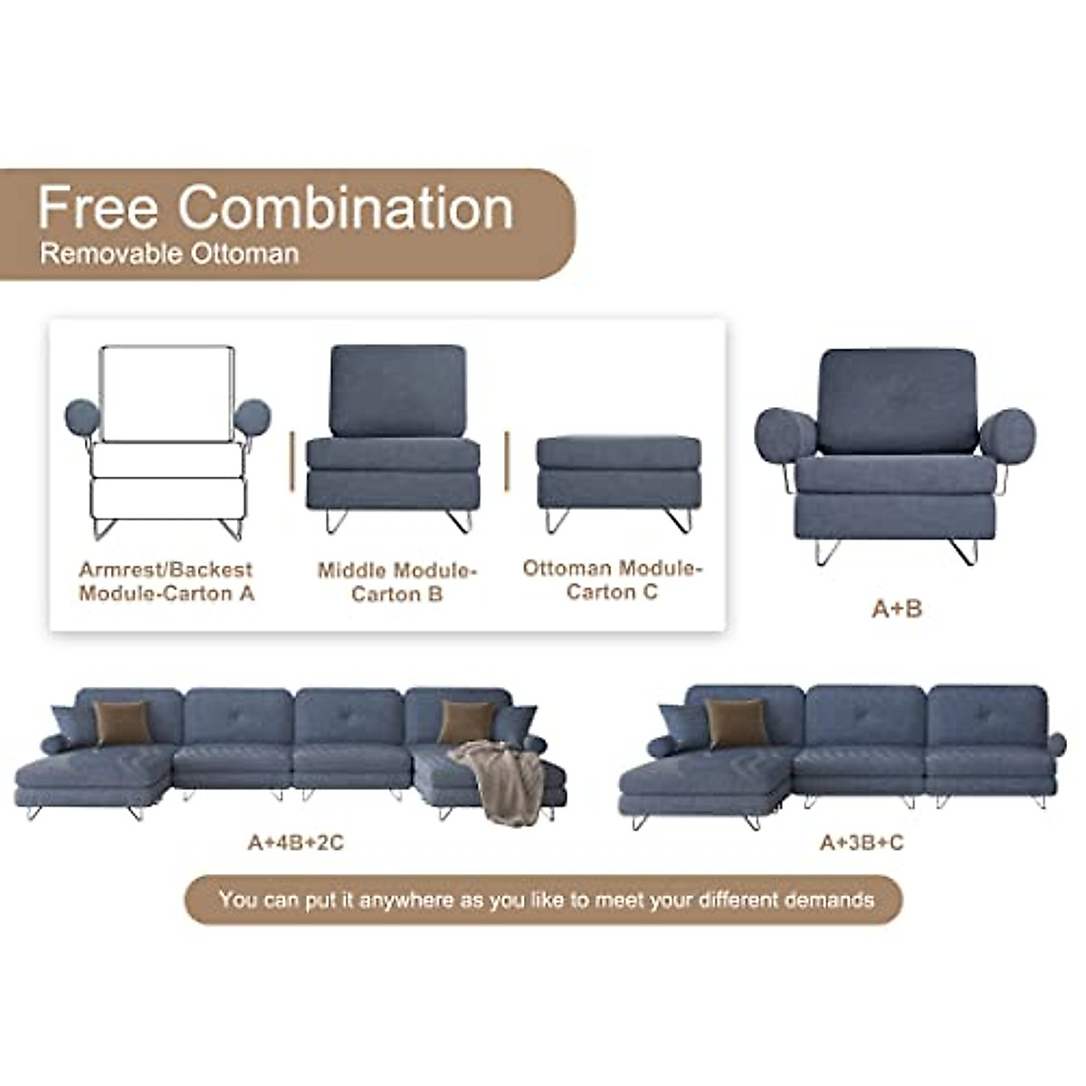 HOMERILLA Sectional Sofa, Modular Sofa, Modern Loveseat Living Room Seater Sofa with Armrest, Sleeper Bed Couch, Washable U-Shape Sofa, L-Shape Sofa with Ottomans, 7-Seat Sofa, Denim Blue