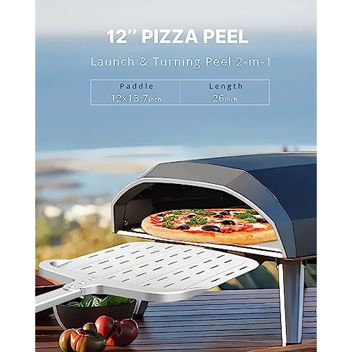 Perforated Pizza Peel 12-inch, Hard Anodized Aluminum Metal Pizza Spatula Paddle (12'' x 13.7''), Pizza Turning Peel, with Long and Heat Resistant Silicone Handle, Pizza Oven Accessories