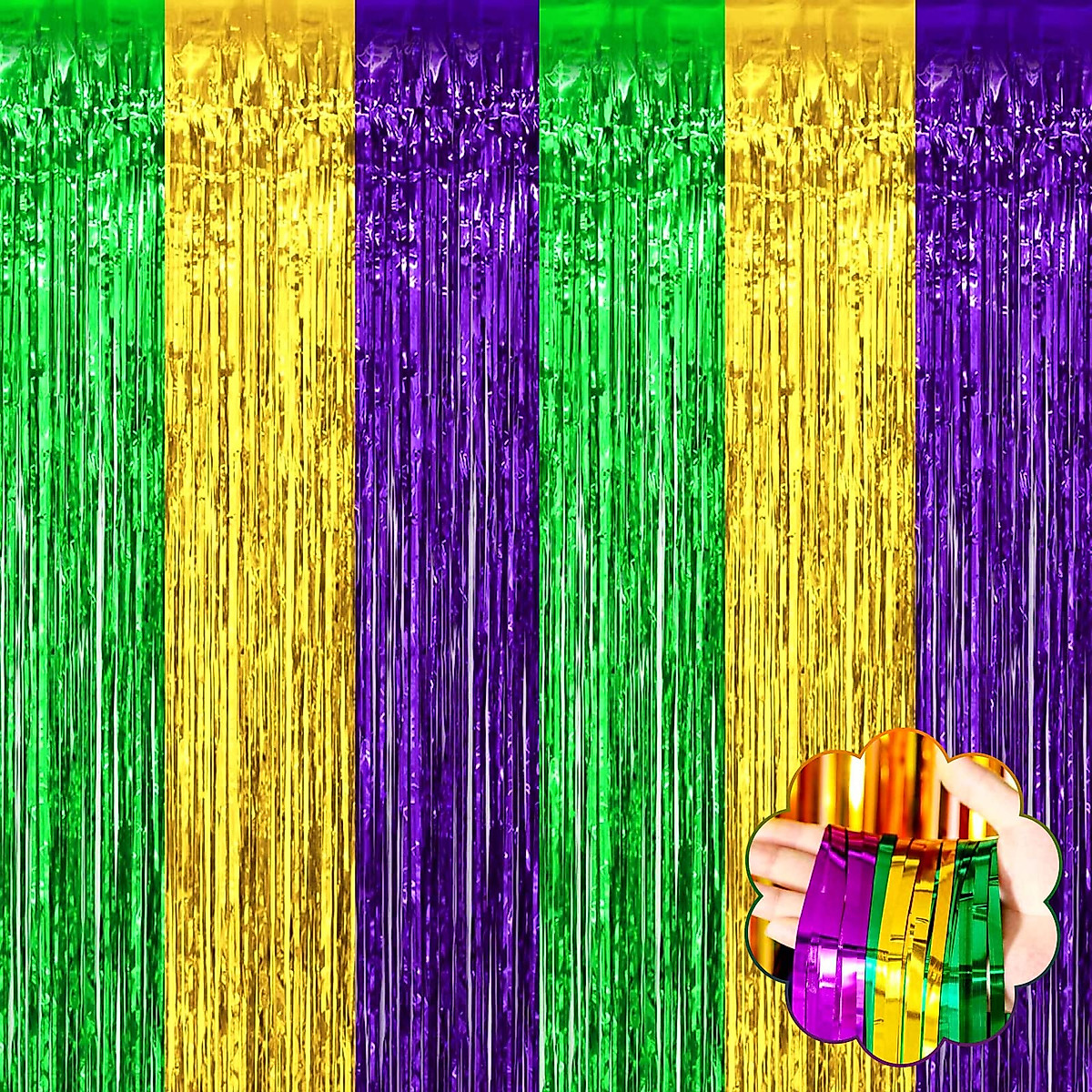 8 Pack Mardi Gras Tinsel Foil Fringe Curtain Backdrop, 3.28Ft x 8.2Ft Gold Green Purple Metallic Streamers for Photo Booth Birthday Wedding Bridal Shower Bachelorette Party Valentine's Day Decoration
