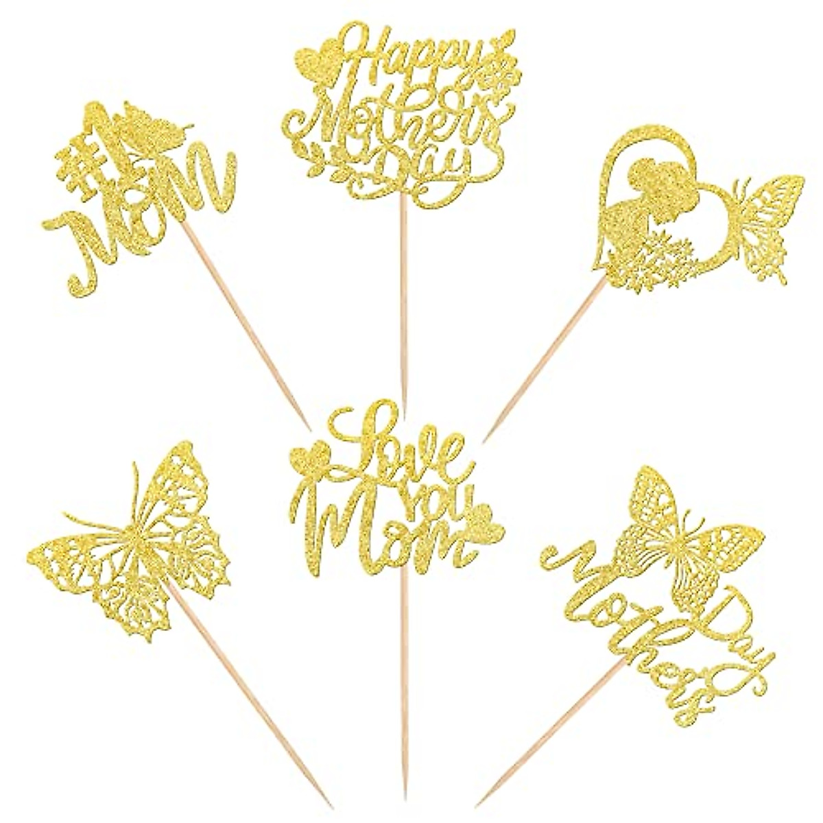 24 PCS Happy Mother's Day Cupcake Toppers Glitter Heart #1 Mom Butterfly Love You Mom Cupcake Picks for Happy Mother's Day Theme Women Birthday Party Cake Decorations Supplies Gold