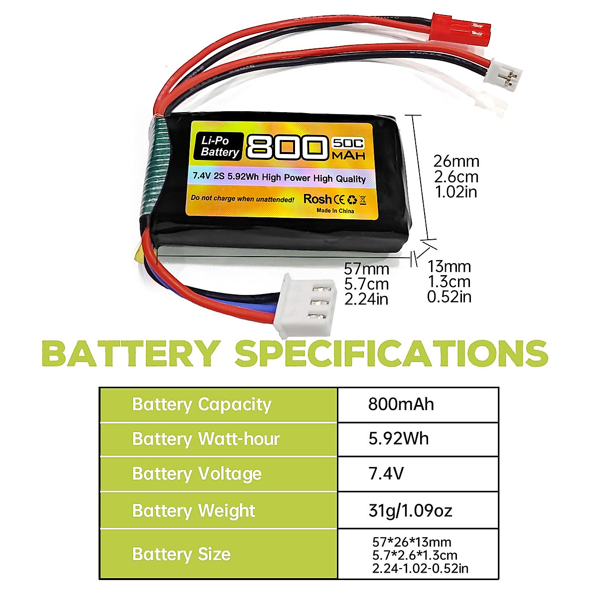 sea jump 7.4V LiPo 2S 50C 800mAh with JST and PH2.0 Plug with USB Charging Cable for SCX24 RC Car Battery, Bompatible with Most 1/10, 1/16, 1/18, 1/24 Scale RC car, Truck and RC Drone Batteries