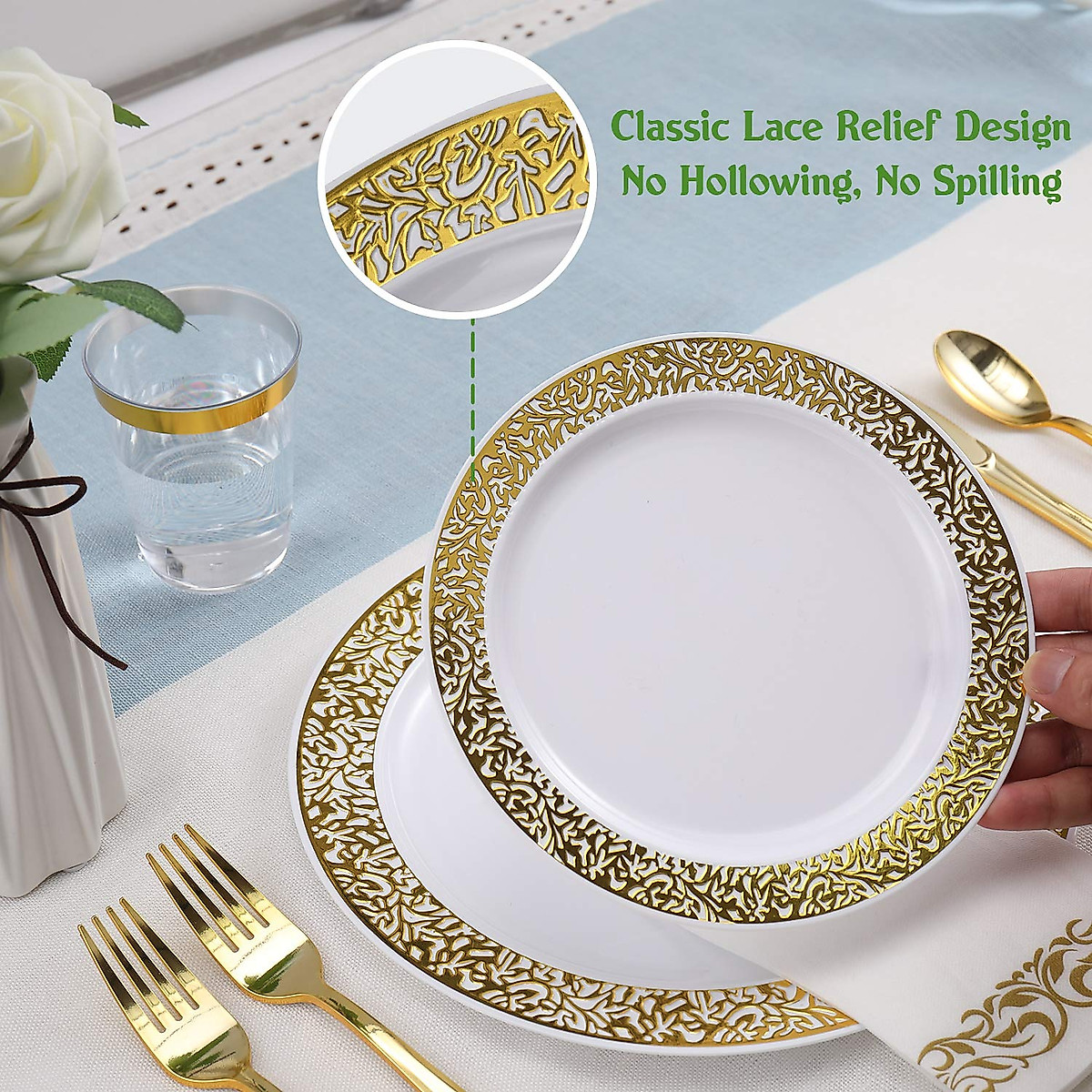 FOCUSLINE 175 Gold Dinnerware Set for 25 Guests, White Plastic Plates with Gold Lace Rim Design, Including 25 Disposable Dinner and Dessert Plates, 25 Silverware Set, 25 Cups, 25 Napkins