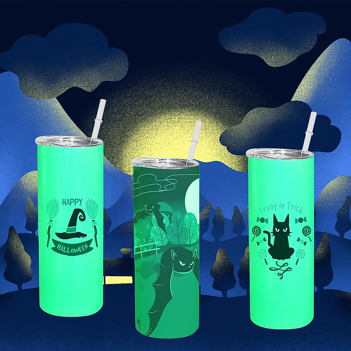 Icesip 25 Pack 20 Oz Glow In The Dark Sublimation Tumblers Stainless Steel Sublimation Tumbler Bulk Skinny Straight Bottom Tumbler with Lid and Straw, White To Green