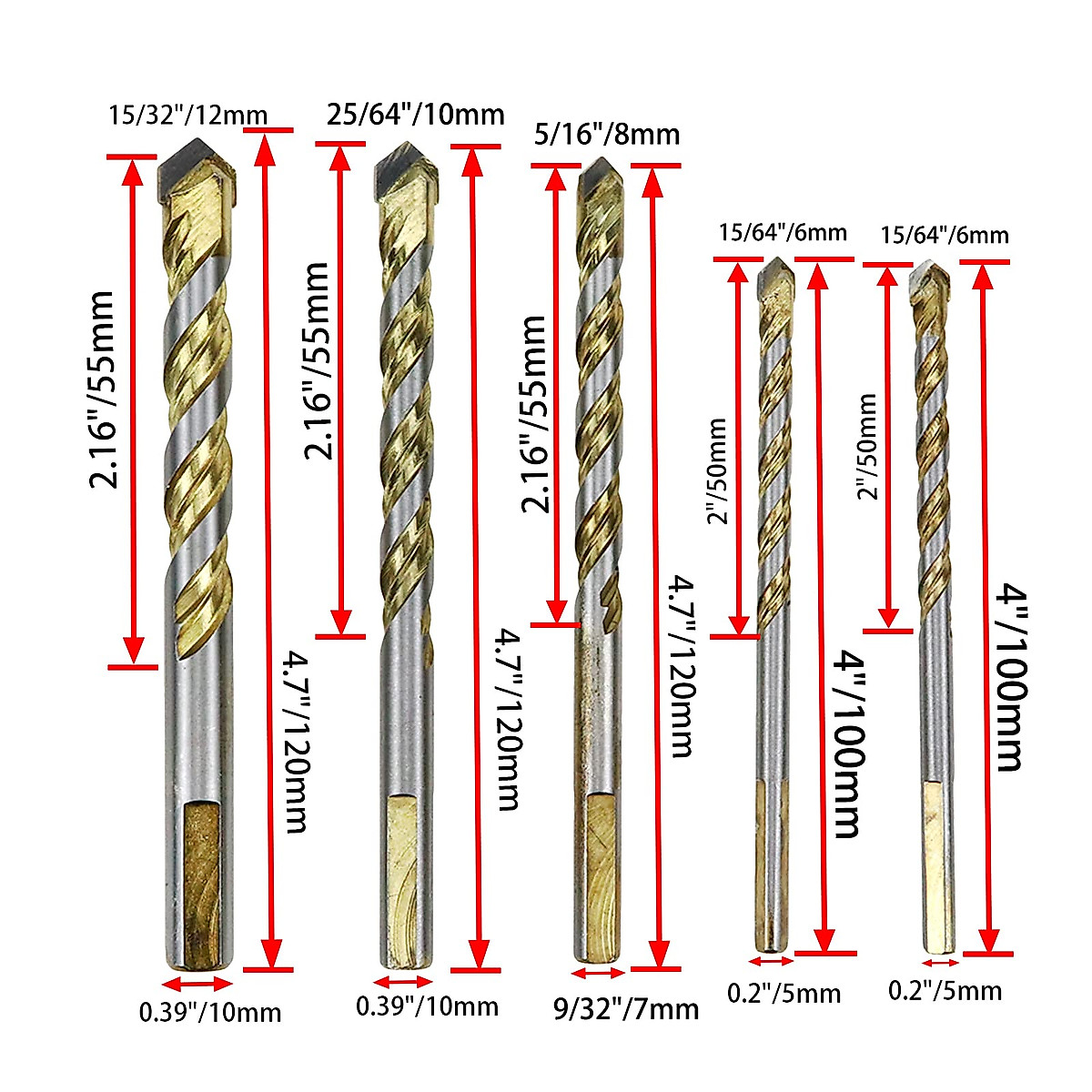 Rannb 5pcs Masonry Drill Bits Four Sizes 6mm,8mm,10mm,12mm Drilling Dia Triangle Hand Drill Bit Set for Metal Concrete Tile Glass Wood Marble Ceramic Brick