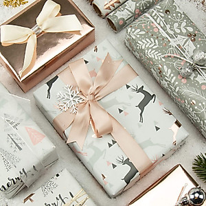 WRAPAHOLIC Christmas Wrapping Paper Roll - Rose Gold and Grey Holiday Design with Metallic Foil Shine - 4 Rolls - 30 Inch X 120 Inch Per Roll