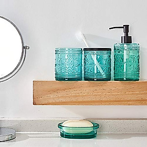4PCs Teal Blue Glass Bathroom Accessories Set with Decorative Pressed Pattern - Includes Hand Soap Dispenser & Tumbler & Soap Dish & Toothbrush Holder (Teal Blue)