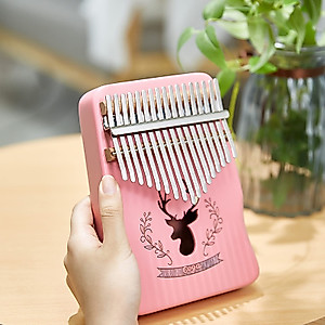 Kalimba 17 Key Thumb Piano Finger Piano Deer Pattern Portable Musical Instrument Gifts for Kids Amateur and Beginner (Pink)