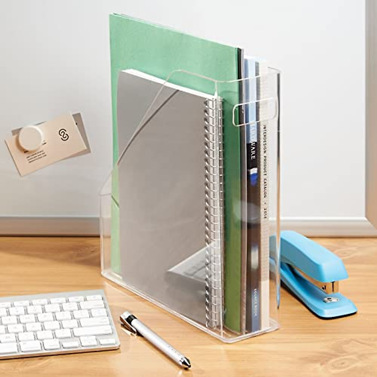mDesign Plastic Slim Vertical File Folder Bin Storage Organizer with Handle - Hold Notebooks, Binders, Envelopes, Magazines for Home Office, Work Desktops, Ligne Collection, 2 Pack - Clear