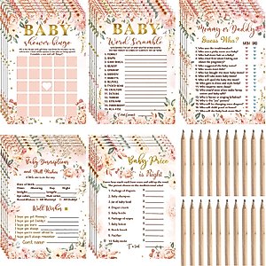 125 Pcs Floral Baby Shower Games for Girls Set of 5 Baby Shower Game Activities Floral Cards with 20 Pencils Includes Baby Bingo Guess Who Baby Price Is Right Description Word Scramble Game