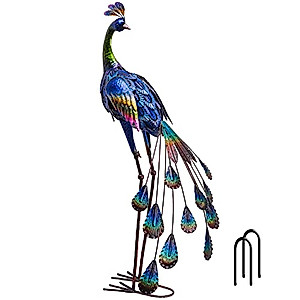TERESA'S COLLECTIONS Backyard Decor 3D Garden Peacock Yard Art, 35 Inch Large Metal Garden Sculptures & Statues for Outdoor Outside Porch Patio Pond Pool Indoor Decorations Blue Bird Lawn Ornaments