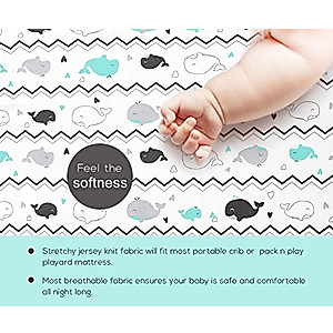 Stretchy Fitted Crib Sheets Set BROLEX 2 Pack Portable Crib Mattress Topper for Baby Boys Girls,Ultra Soft Jersey,Full Standard,Elephant & Whale