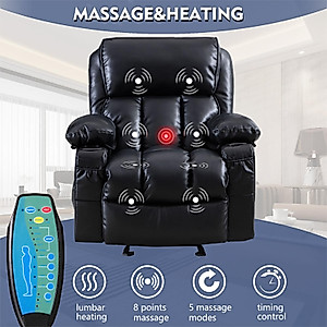 Modern Recliner Chairs for Adults with Massage and Heat,Rocker Single Sofa with 2 Cup Holder and Side Pocket for Seniors,USB Port 5 Modes Adjustable (Black)