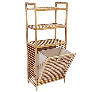 3-Tier Bamboo Laundry Hamper and Shelf with Fabric Bag Floor-standing Dirty Clothes Storage Basket Organizer with Handles for Bedrooms Cabinet Laundry Room 19.7x 11.8x 46.9 in 70lbs Load