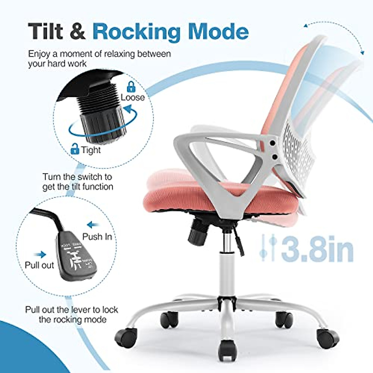 Ergonomic Home Office Chair - Mesh Mid Back Computer Desk Swivel Rolling Task Chair with Lumbar Support, Armrest, Wheels, Sponge Seat Cushions, Pink