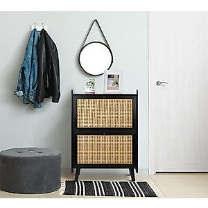 ZYBT Black Shoe Storage Organizer for Entryway, Rattan Shoe Storage Cabinet, 2 Flip Drawers Shoe Organizer Slim Wooden Shoe Rack for Door, Free Standing Shoe Racks for Entryway