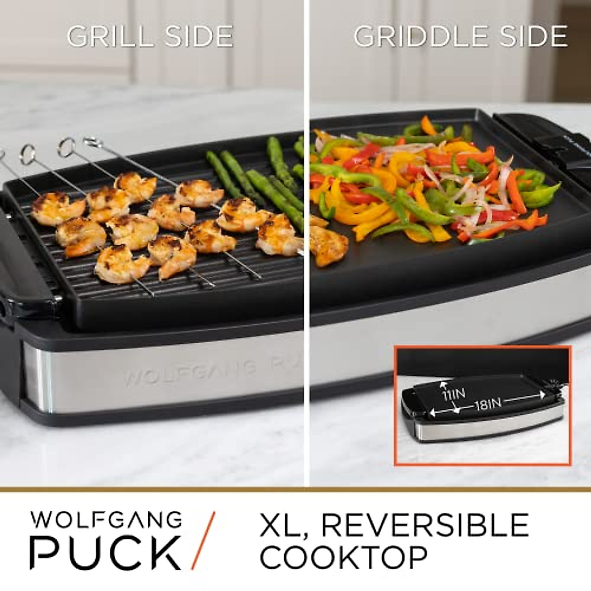 Wolfgang Puck XL Reversible Grill Griddle, Oversized Removable Cooking Plate, Nonstick Coating, Dishwasher Safe, Heats Up to 400ºF, Stay Cool Handles