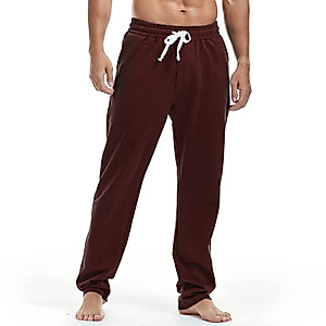 AMY COULEE Mens Cotton Athletic Pants Open Bottom Running Sweatpants Straight Leg Casual Joggers with Pockets (Wine Red, XXL)