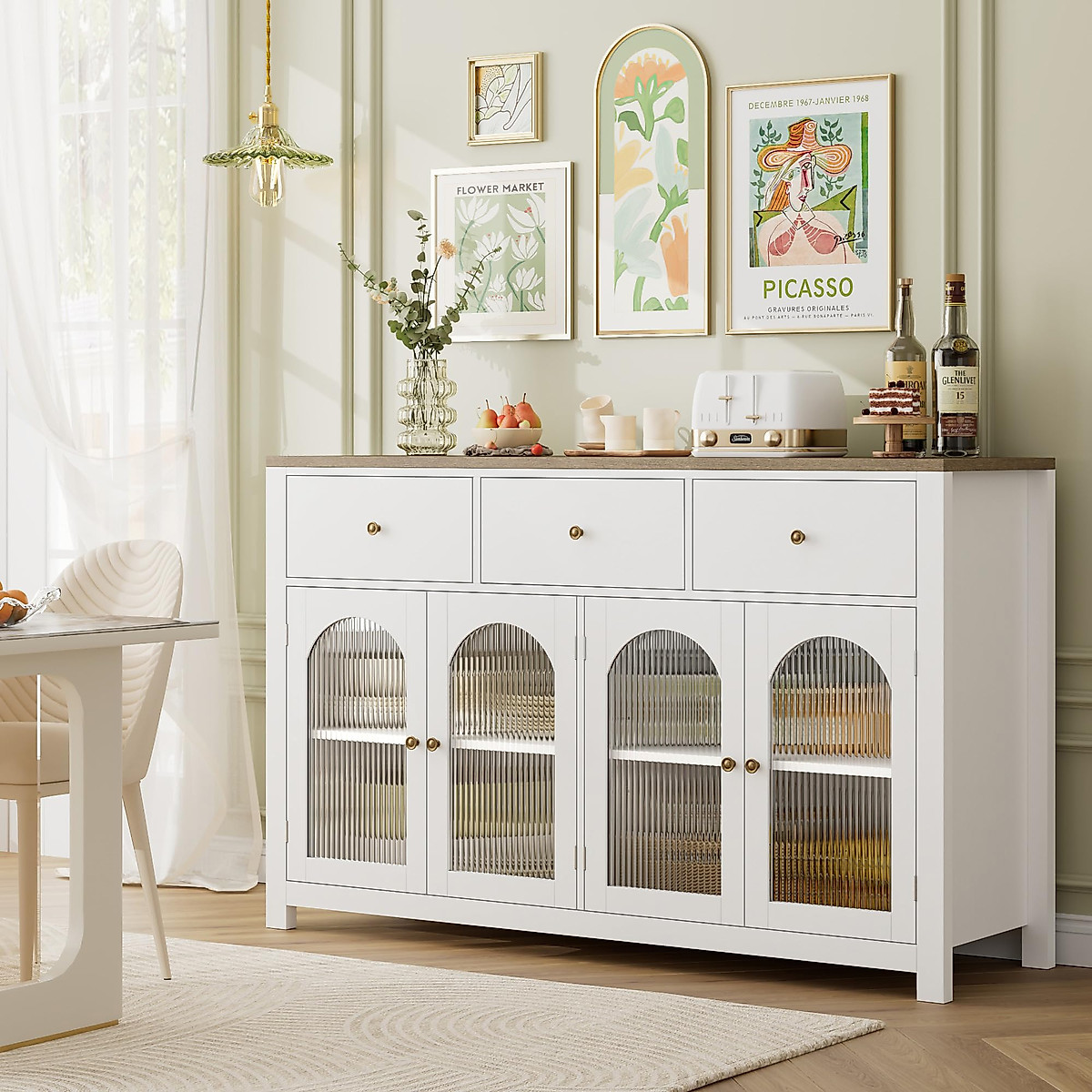 FINETONES Buffet Cabinet with Storage, 55.1" Large Sideboard Buffet Cabinet, Farmhouse Kitchen Cabinet Display Cabinet with 3 Drawers and 4 Doors, Wood Coffee Bar Cabinet for Kitchen Dining Room