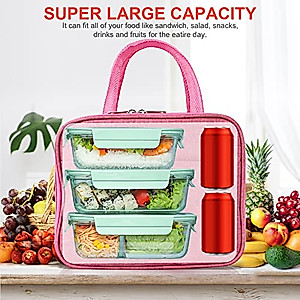 Kincown Insulated Lunch Bag Reusable Cooler Tote for Work, Picnic, Lunch Containers Keeps Food Fresh for Hours, Lunch Tote Lunch Bag with Aluminum Foil for Women & Men-Pink