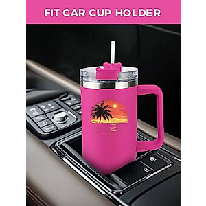40 ounce insulated cup with handle, double-layer vacuum stainless steel material, equipped with straw, can keep warm or maintain cold drinks Dusk Sunset Palm Trees Sunset Bright pink