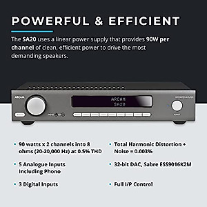Arcam SA20 Class G Integrated Amplifier - Impeccable Sound & Efficiency - 90W of Power Per Channel - Easily Connects to Surround Sound System