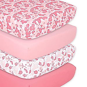 The Peanutshell Floral & Blush Pink Fitted Crib Sheet Set for Baby Girls - 4 Pack Set - Floral Punch & Solid Pink