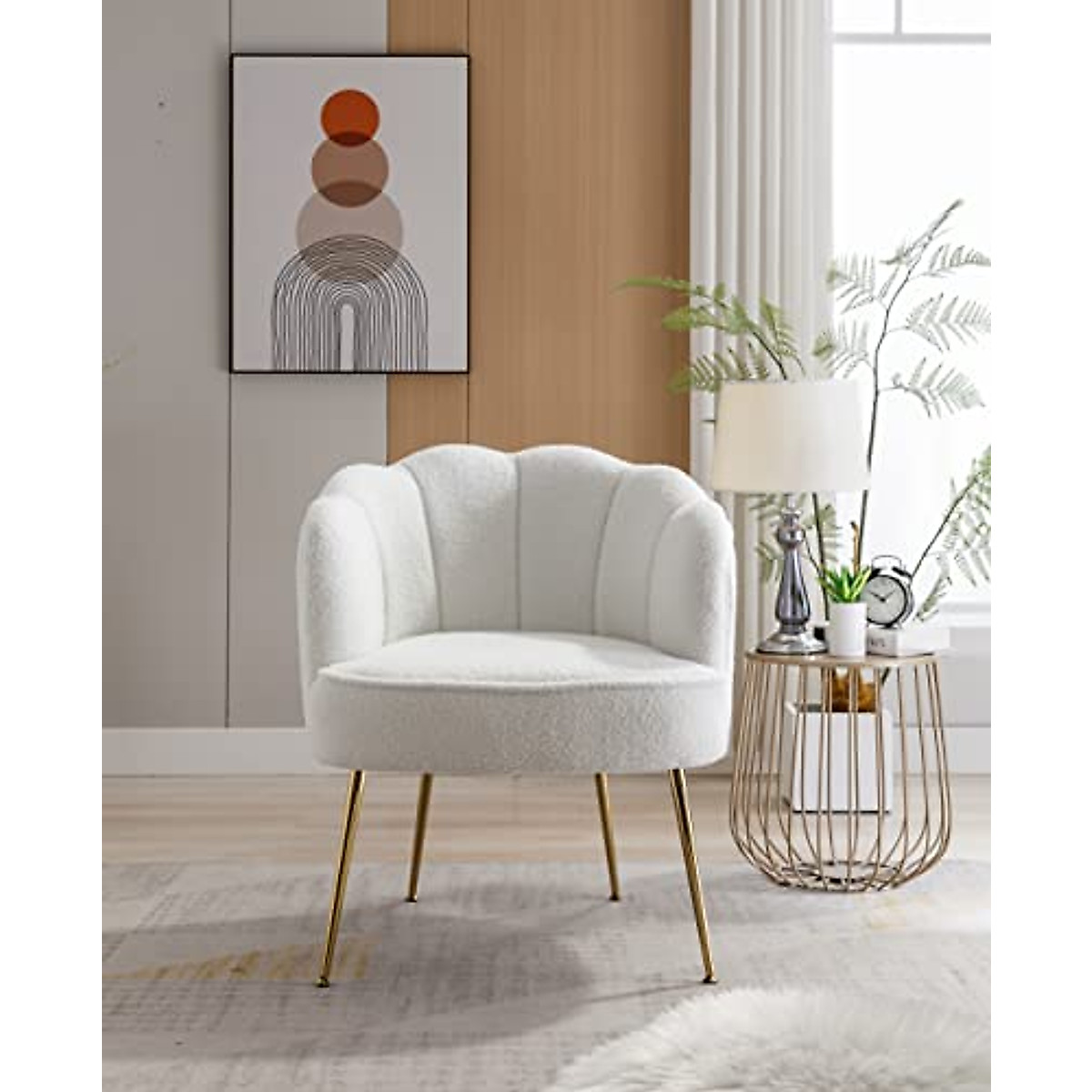 Goujxcy Modern Teddy Shell Barrel Chair Accent Armchair with Golden Legs for Living Room Bedroom Home Office, Tufted Back Club Chair (White7)