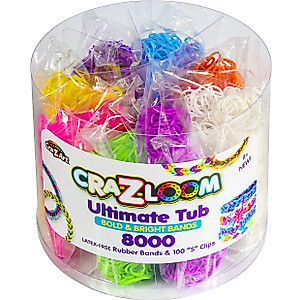 Cra Z Art Cra-Z-Loom Ultimate Tub 8000 Latex Free Rubber Bands and 100 “S” Clips for Making Crafts in Bold and Bright Colors, multi